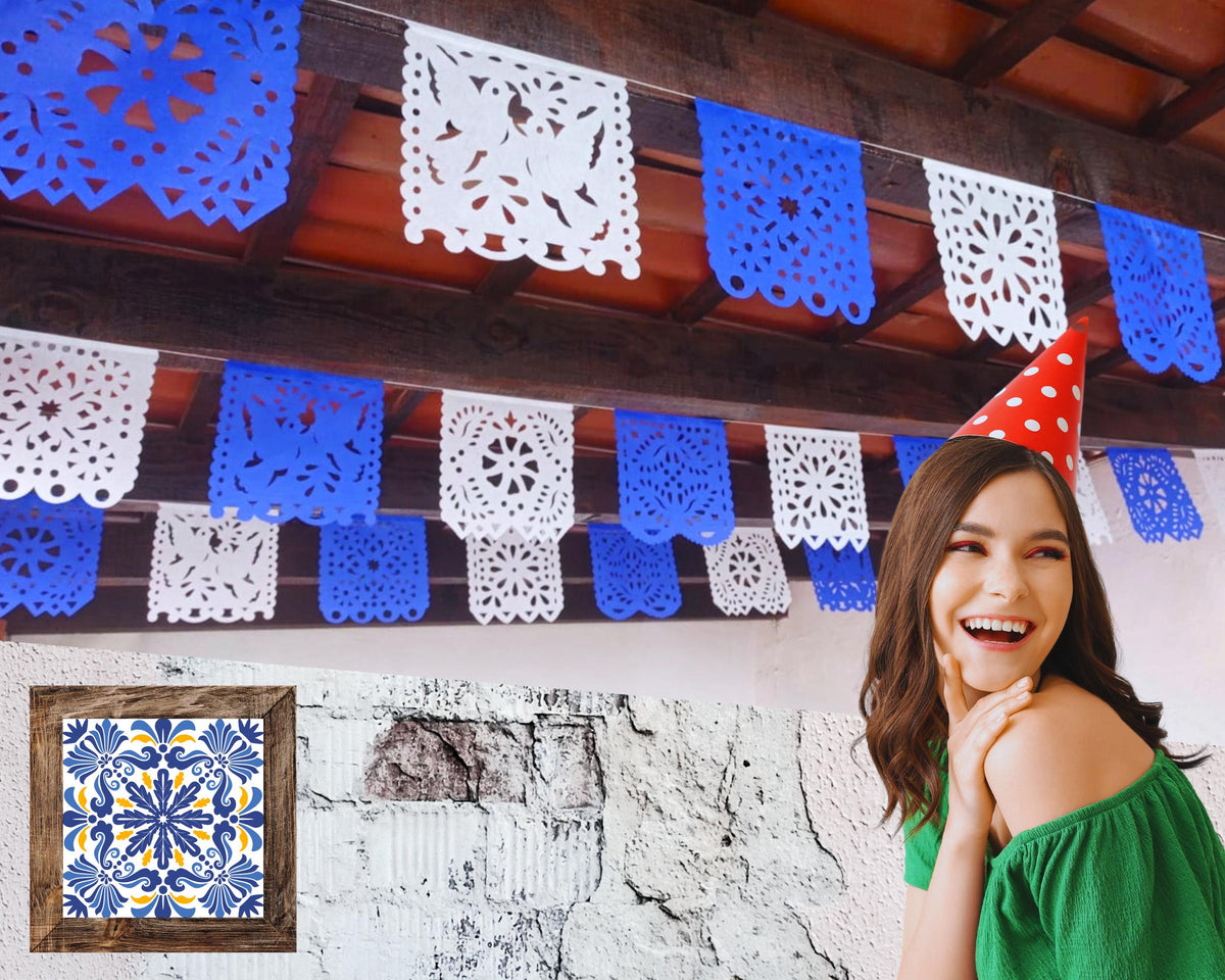 Talavera Blue and White Papel Picado, 5 Banners, Fiesta decorations, C ...