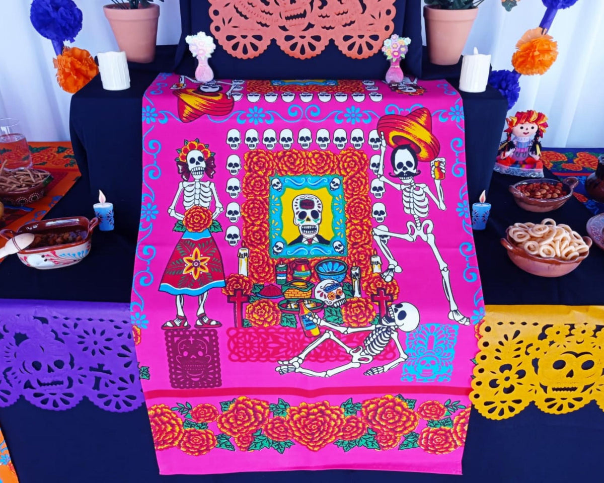 Day of the Dead Ofrenda Mexican Table Runner in Pink | FiestaConnect ...